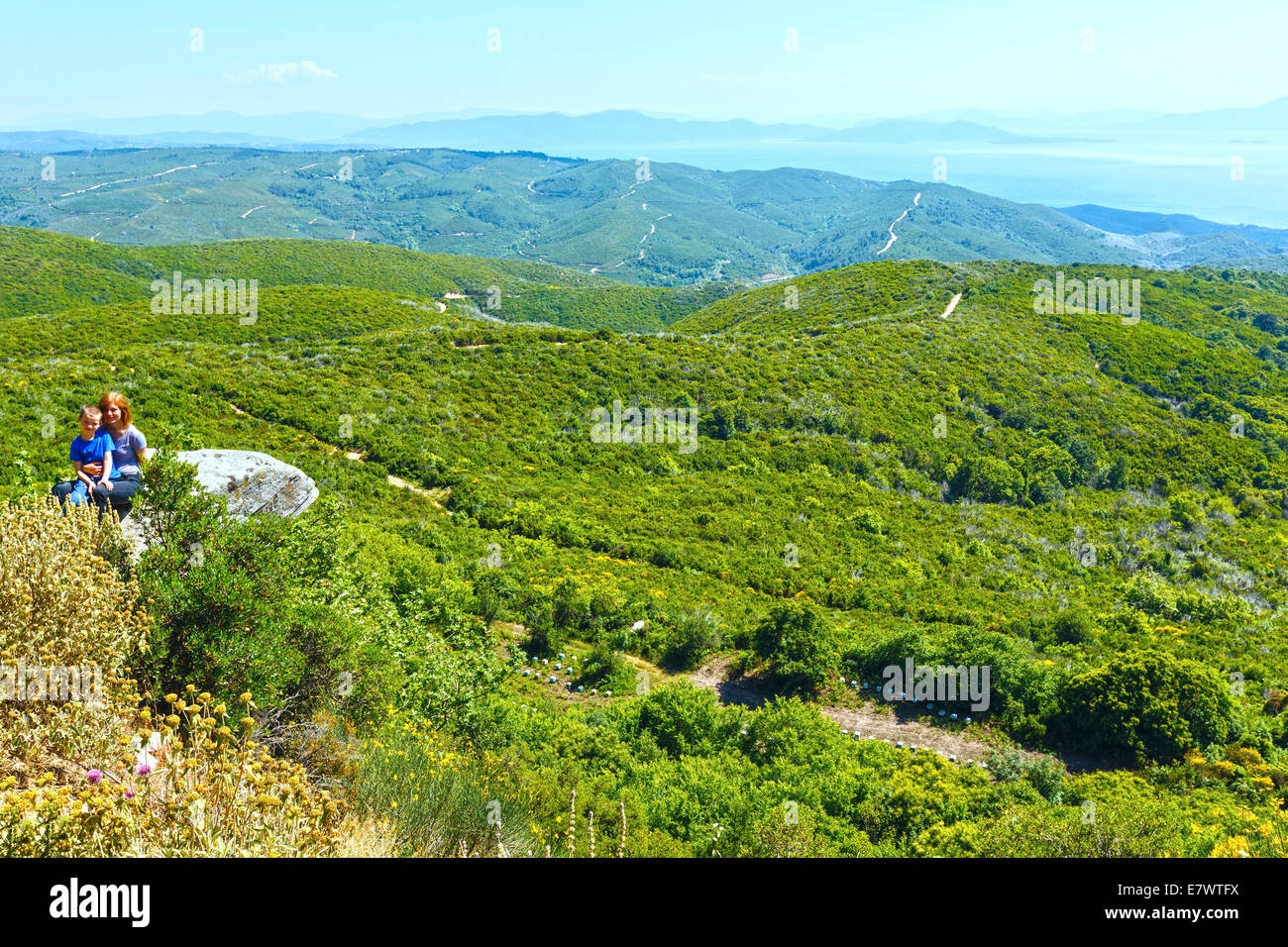 Summer view of the Aegean Sea from the top of the hill and family on ...