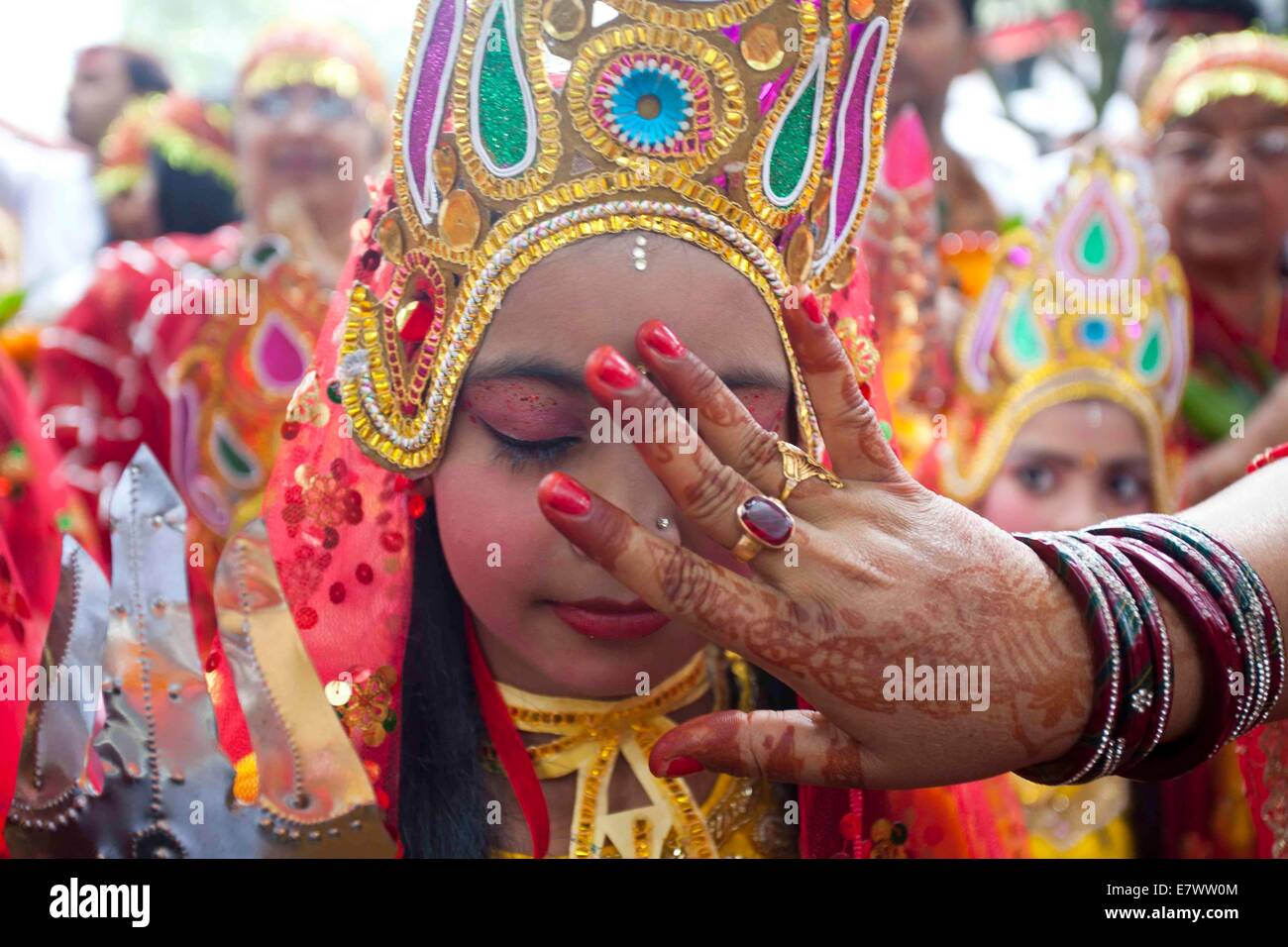 Kathmandu, Nepal. 25th Sep, 2014. A girl is dressed as goddess Durga on ...