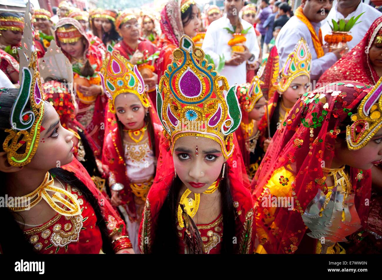 Kathmandu, Nepal. 25th Sep, 2014. Nepalese girls are dressed as goddess ...