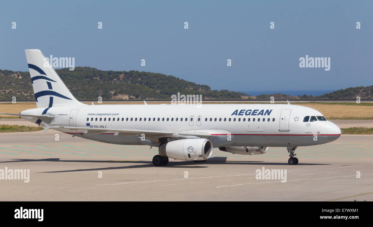 An Aegean airlines airbus arriving at Athens international airport ...