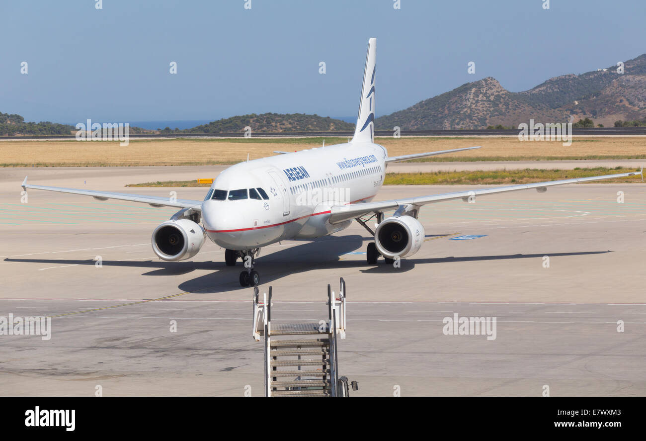 An Aegean airlines airbus arriving at Athens international airport ...
