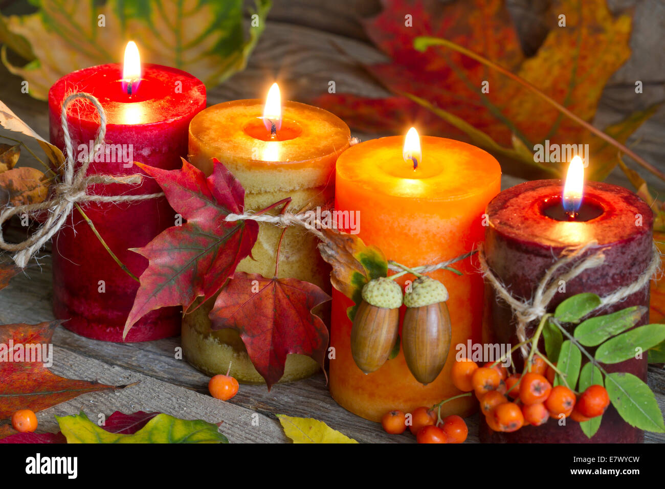 Autumn candles with leaves vintage abstract still life in night Stock ...