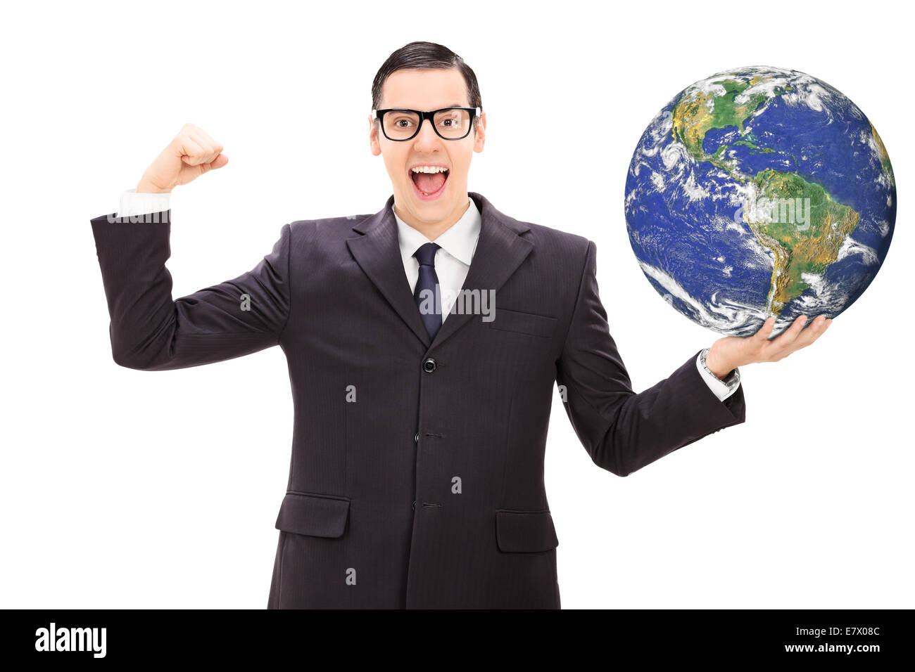 Successful businessman holding the world in his own hand isolated on ...