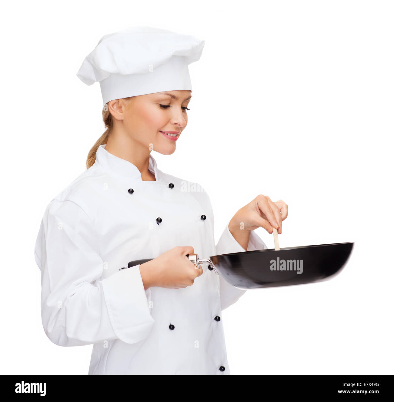 smiling female chef with pan and spoon Stock Photo - Alamy