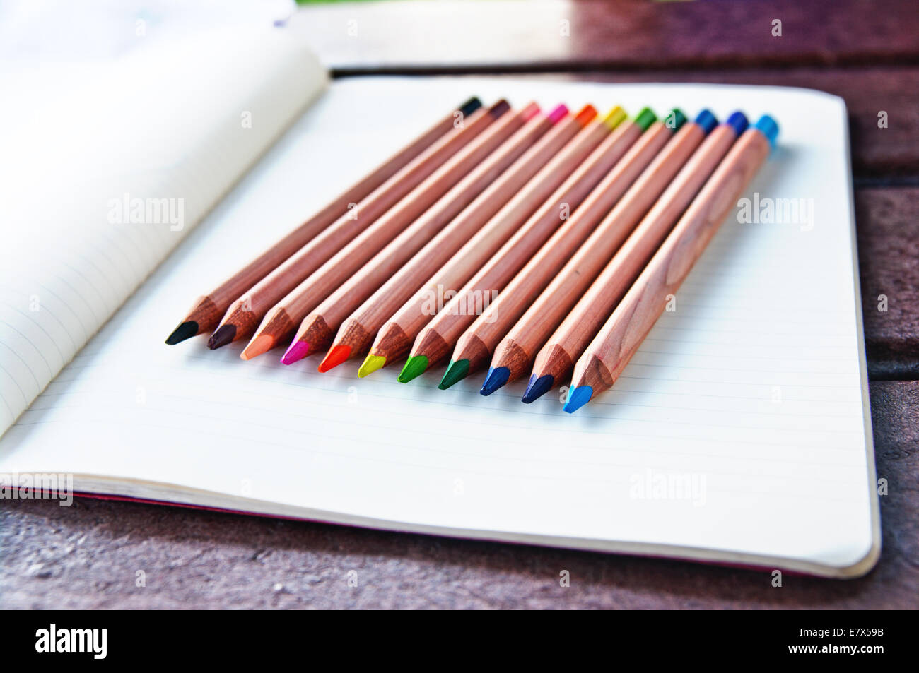 Colored pencils, bright colors, on page of notebook paper with lines ...
