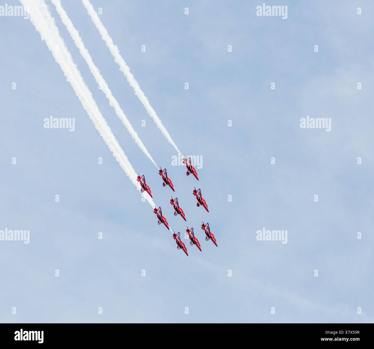 Royal Air Force Red Arrow Aerobatic team flying in formation Stock ...