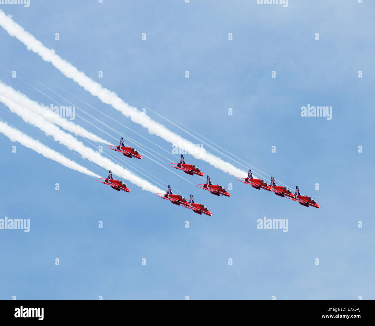 Royal Air Force Red Arrow Aerobatic team flying in formation Stock ...