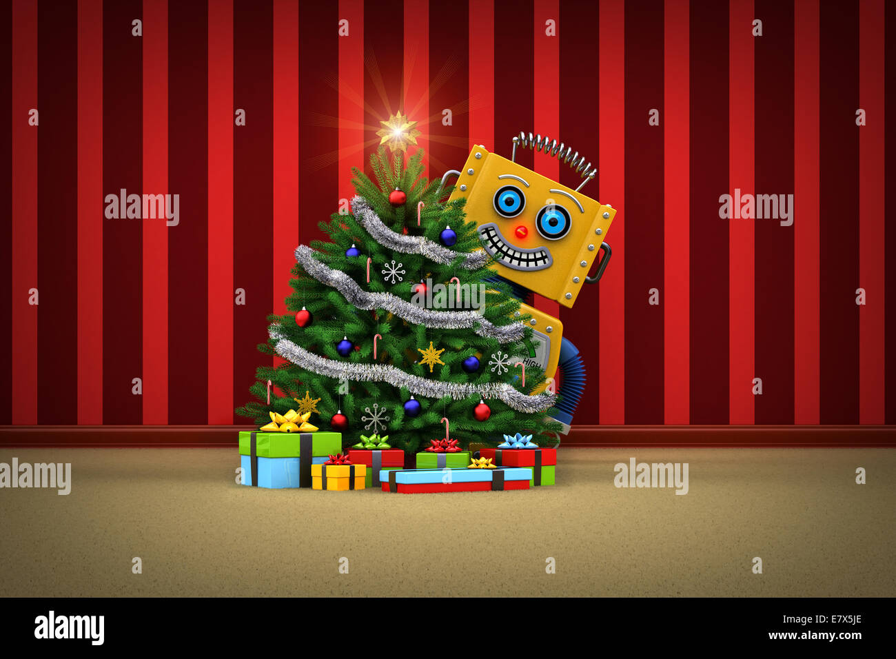 Yellow toy robot standing behind a nicely decorated christmas tree with ...