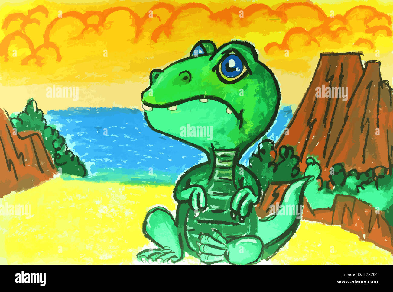 a colorful dinosaur with volcano painting background Stock Photo - Alamy