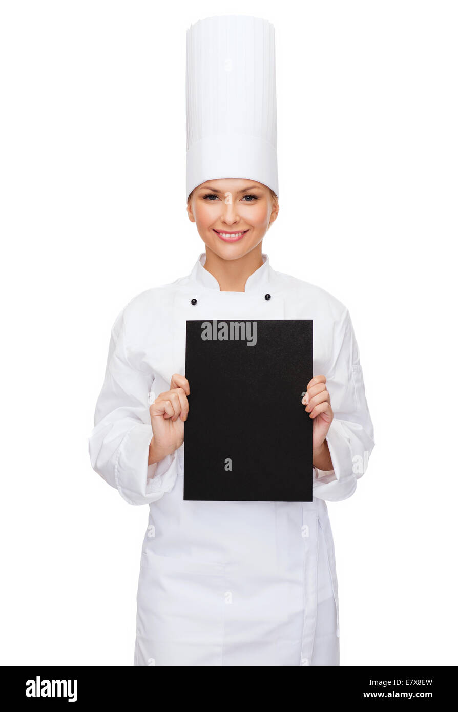 smiling female chef with black blank paper Stock Photo - Alamy