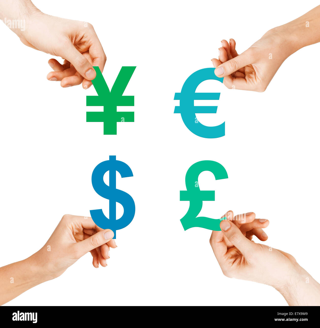 four hands holding currency symbols Stock Photo - Alamy