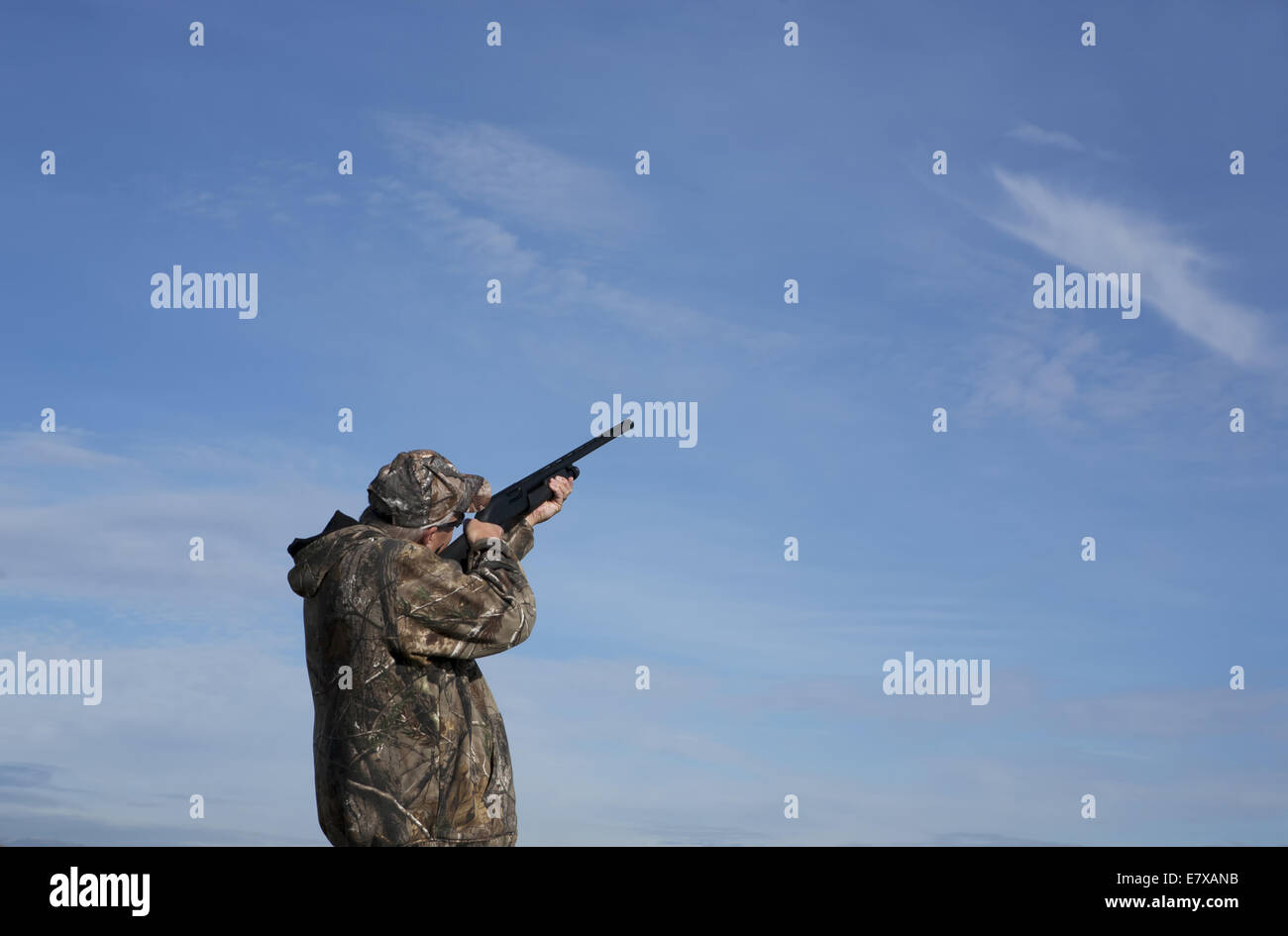 Man in field hunting aiming up into the sky with shot gun Stock Photo ...