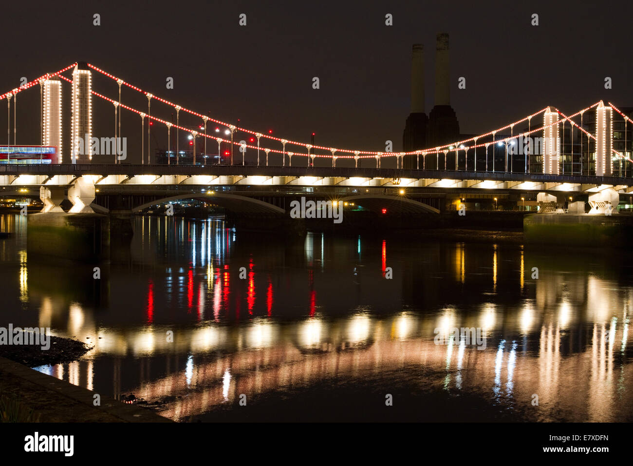 Chelsea Bridge in London, England, with London Bus crossing it. The ...