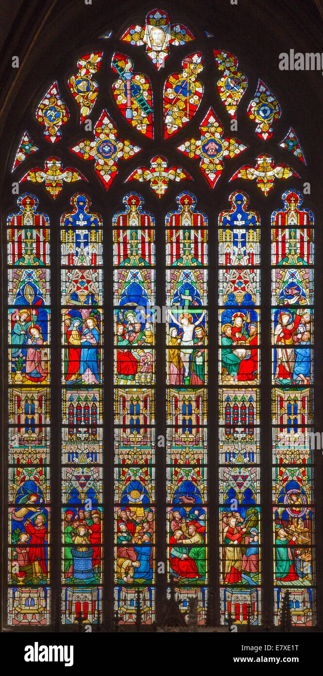 BRUGES, BELGIUM - JUNE 12, 2014: The New Testament scenes on windowpane ...