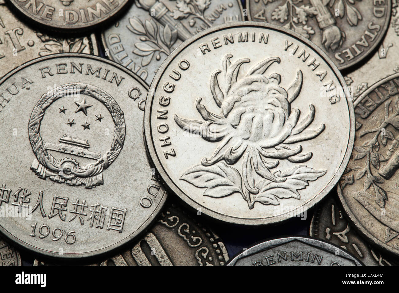 Coins of China. Chrysanthemum flower and the National emblem of China ...