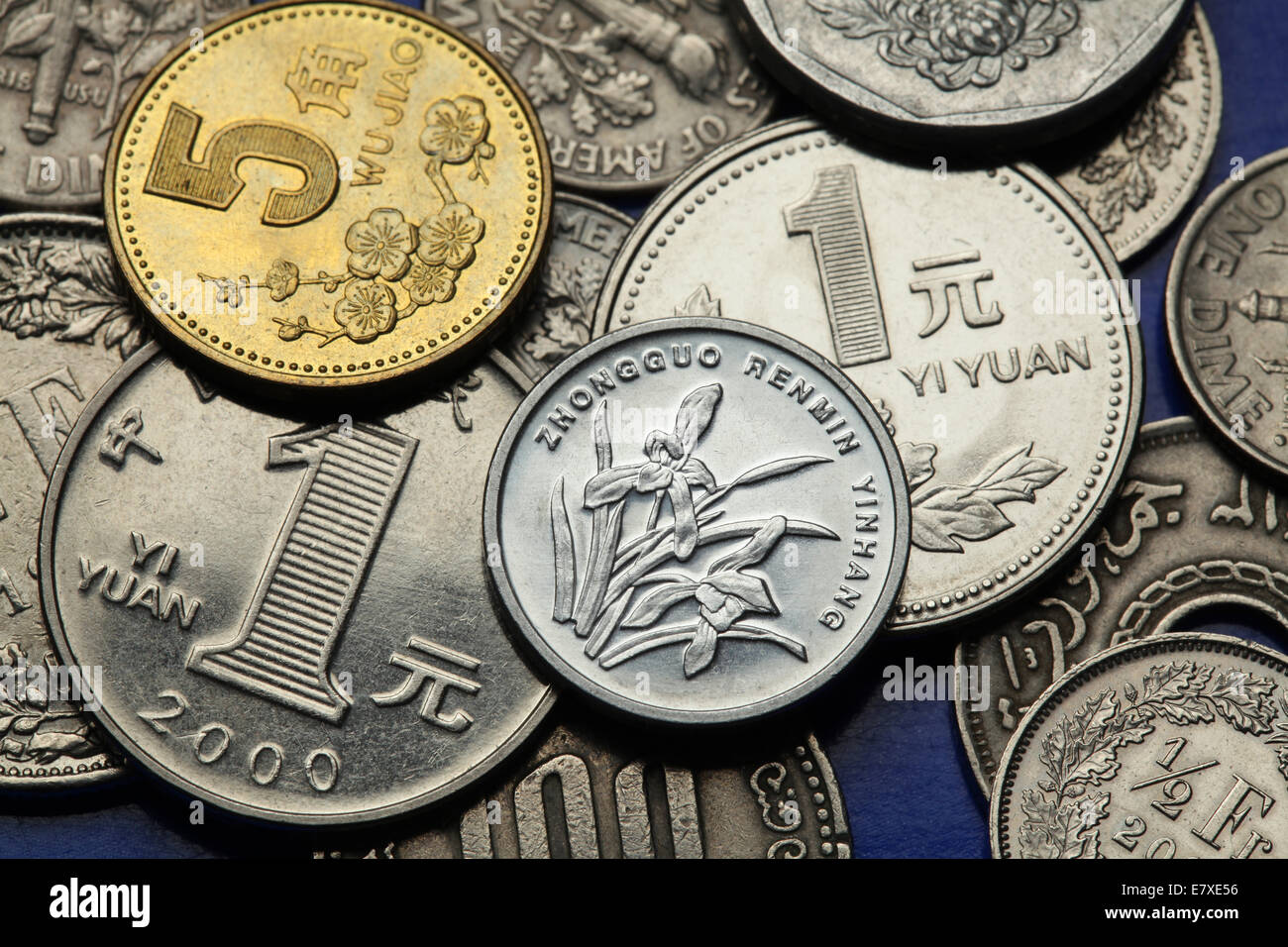 Coins of China. Plum flower and Iris flowers depicted in Chinese five ...