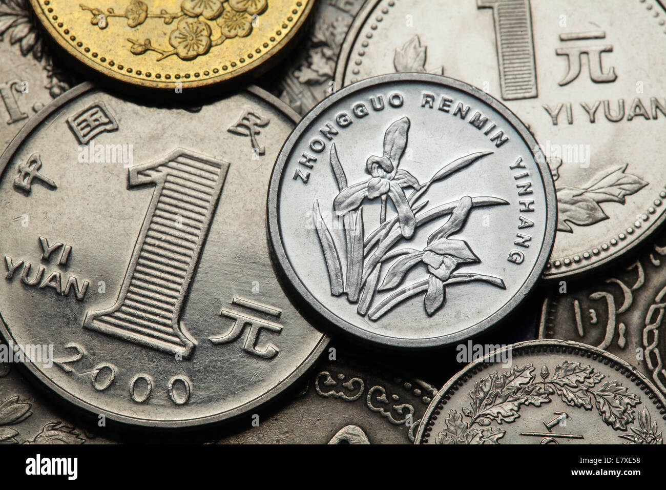 Coins of China. Iris or orchid flowers depicted in the Chinese one Jiao ...