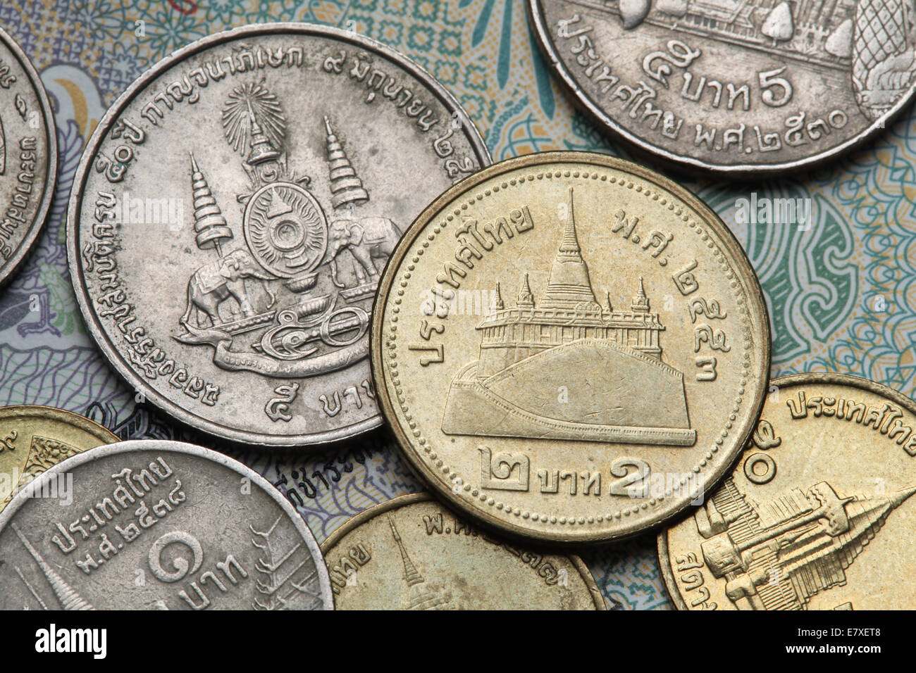 Coins of Thailand. Wat Saket Temple in Bangkok, Thailand, and the Royal ...