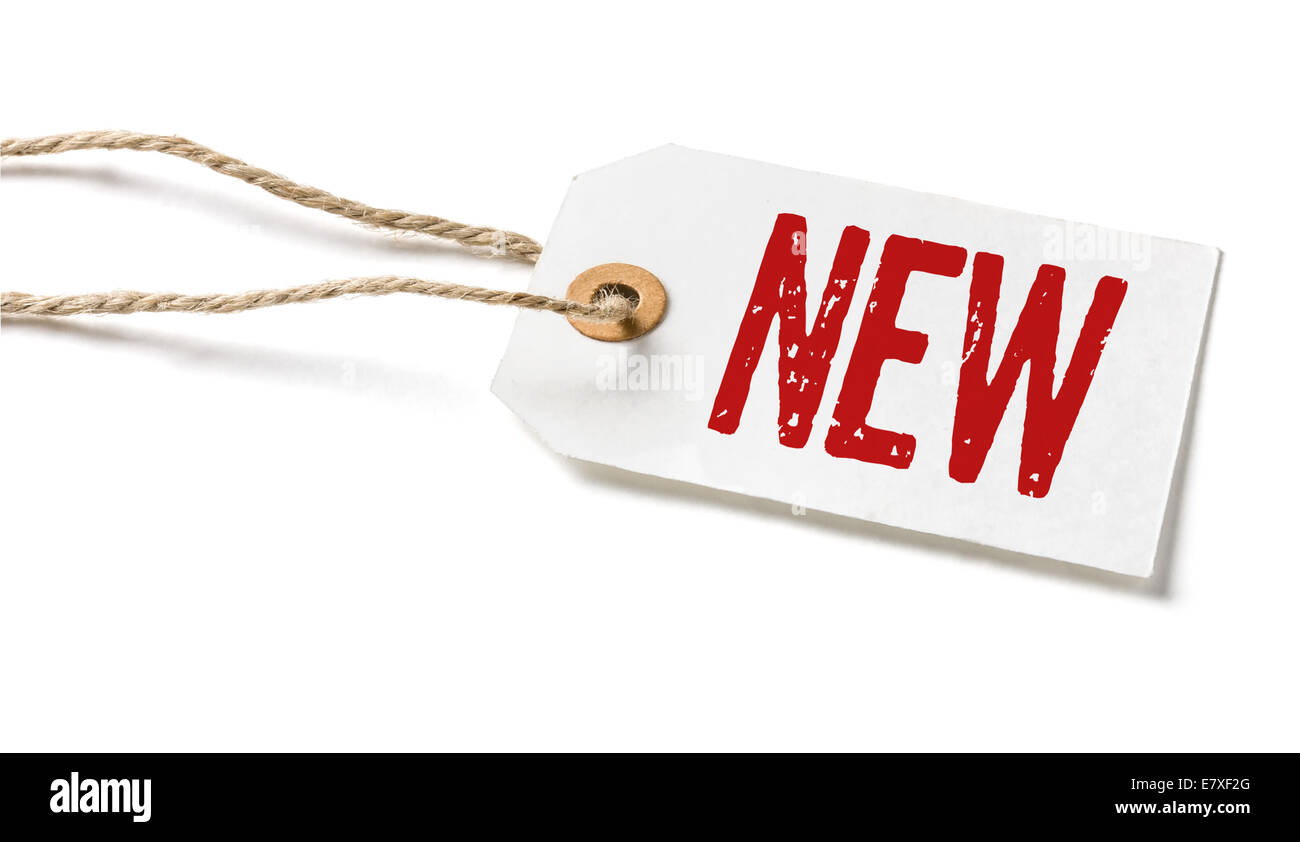 Tag on a white background with the text New Stock Photo - Alamy