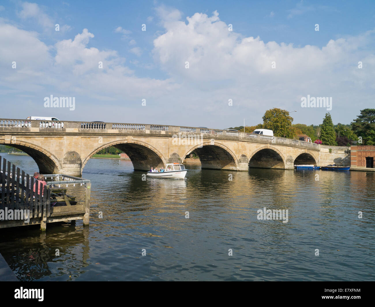 Boat exiting one of the five arches of the Henley road bridge, Henley ...