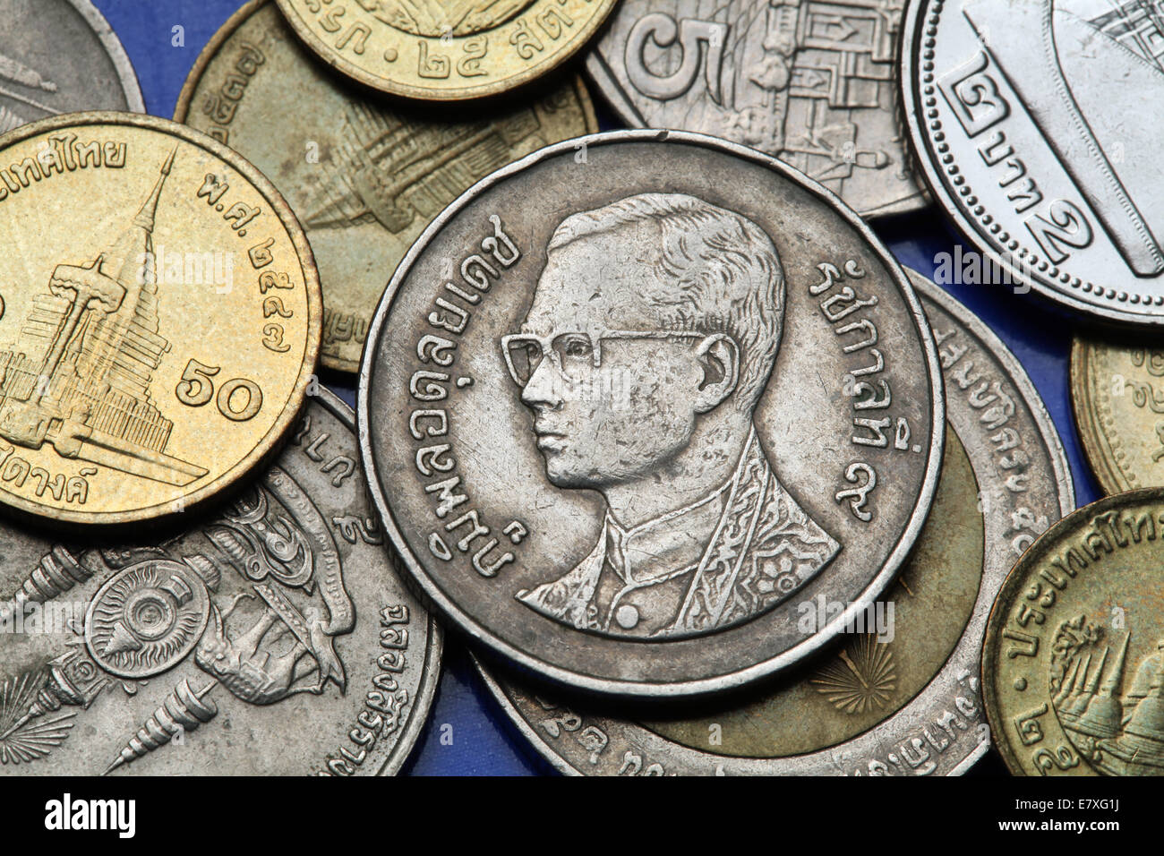 Coins of Thailand. King Bhumibol Adulyadej of Thailand depicted in the ...
