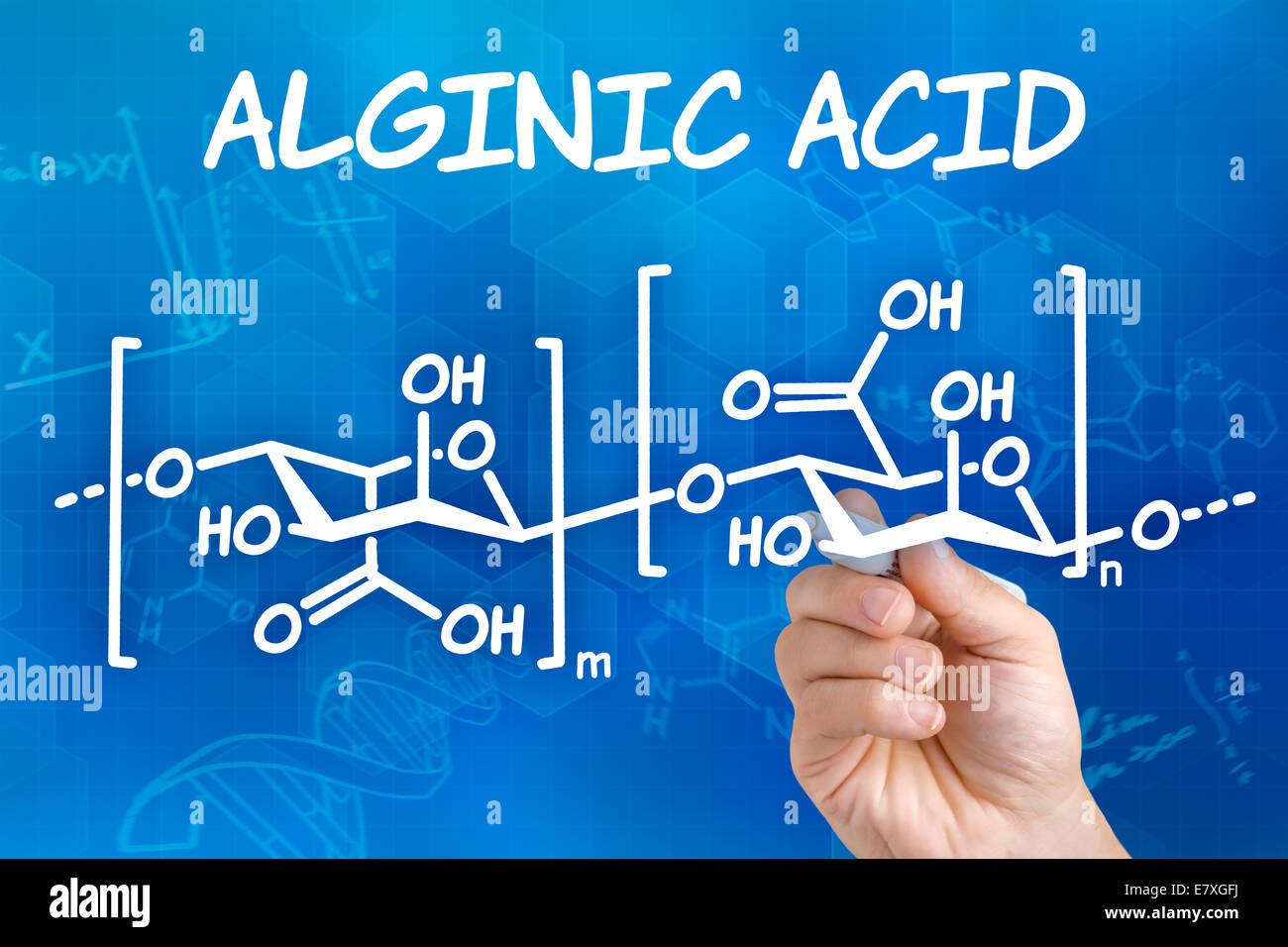 Hand with pen drawing the chemical formula of Alginic acid Stock Photo ...