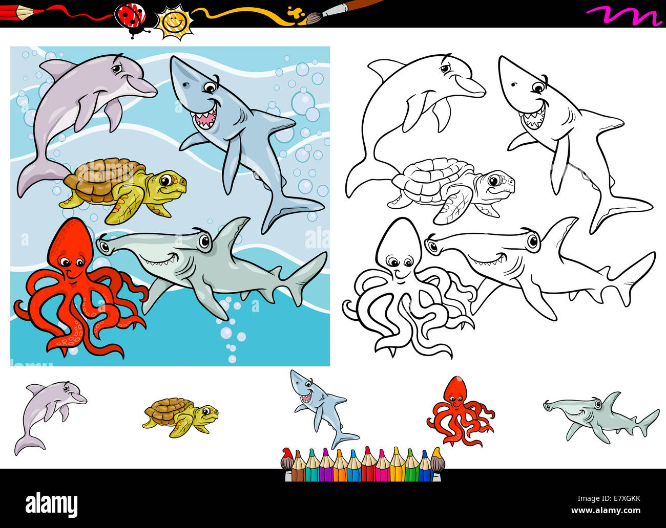 Cartoon Illustrations of Funny Sea Life Animals Characters Group for ...