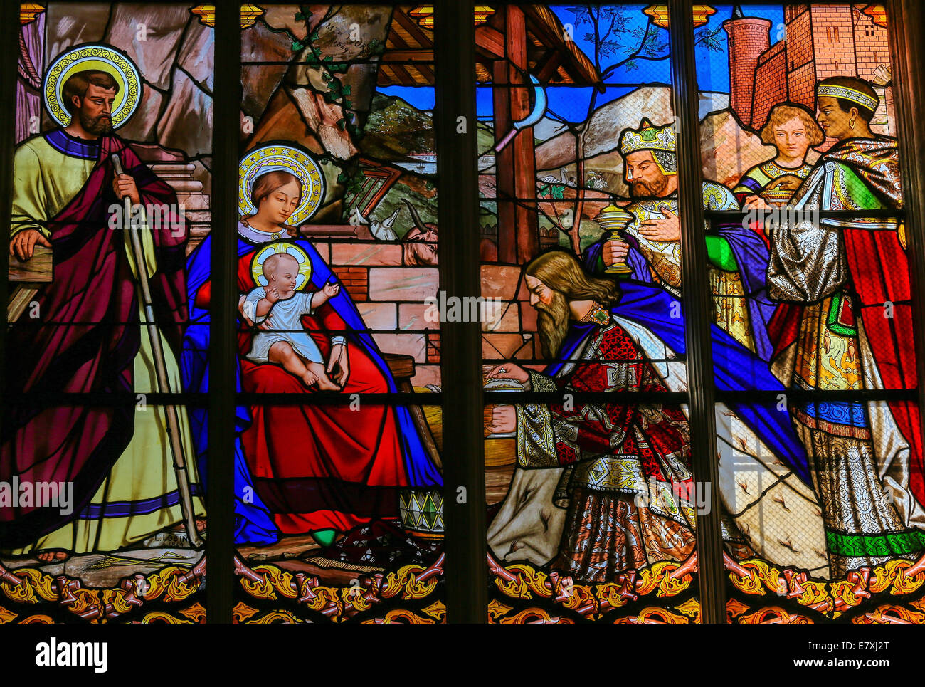 Stained glass window depicting the Epiphany, the Visit of the Three ...