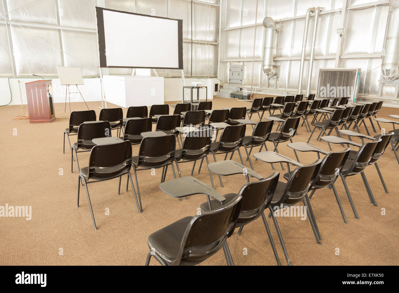 Empty Presentation Conference Room with Desk Chairs and Projector ...