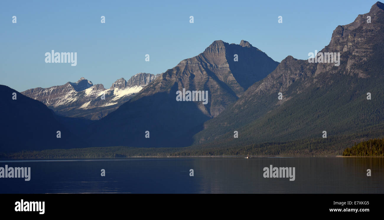 View from Apgar of Lake McDonald and boat in Glacier National Park ...