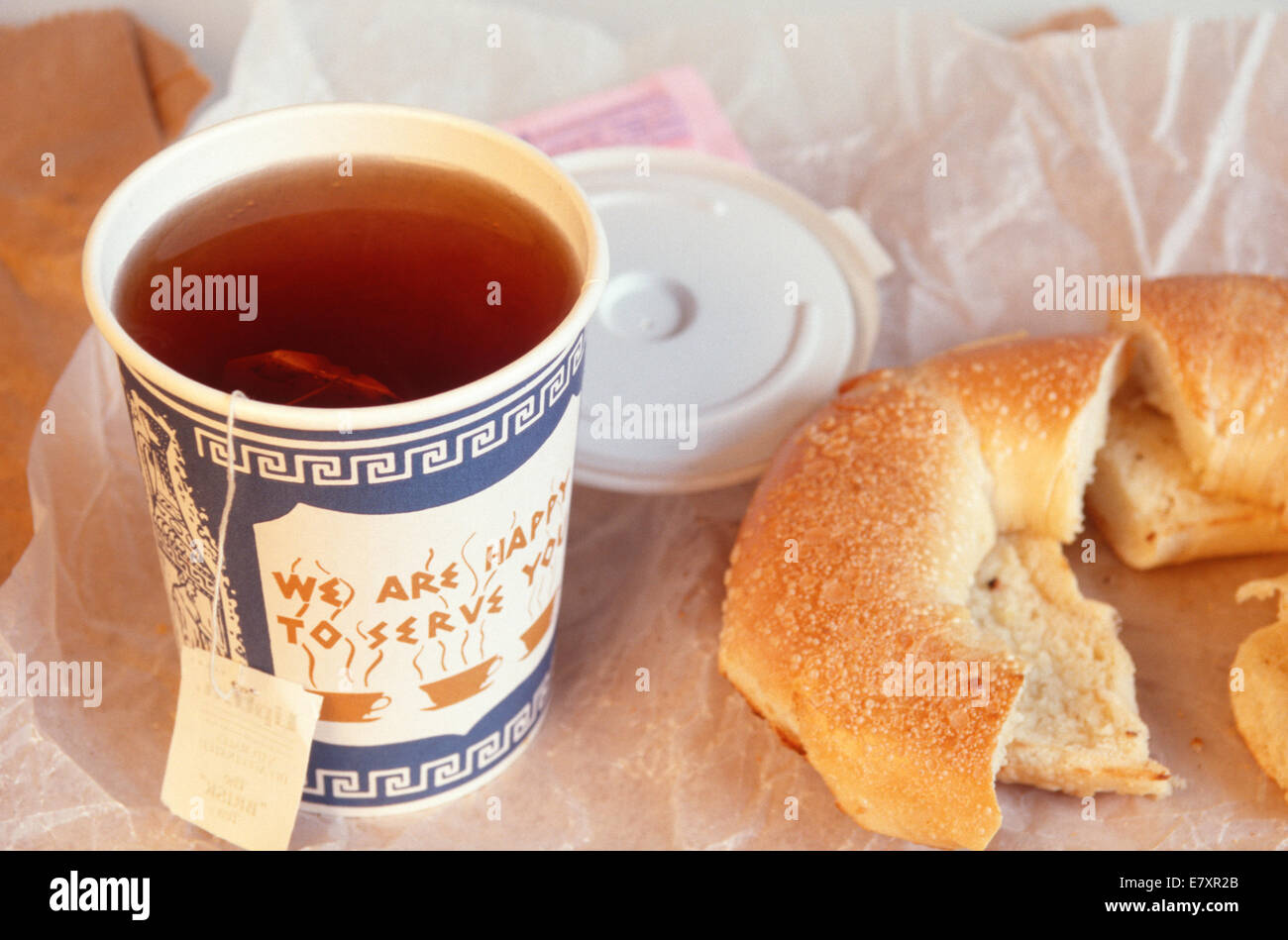 Tea Steeping in Paper Street Vendor Cup with Fresh Bagel, NYC, USA ...