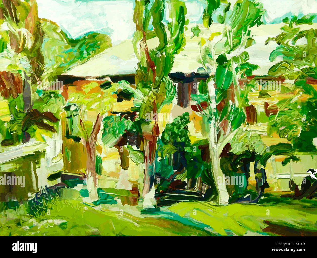 original oil painting spring village landscape Stock Photo - Alamy