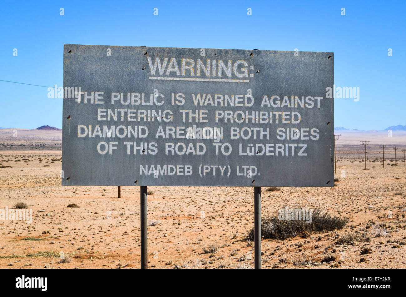 NAMDEB warning sign in the desert against entering the Sperrgebiet ...