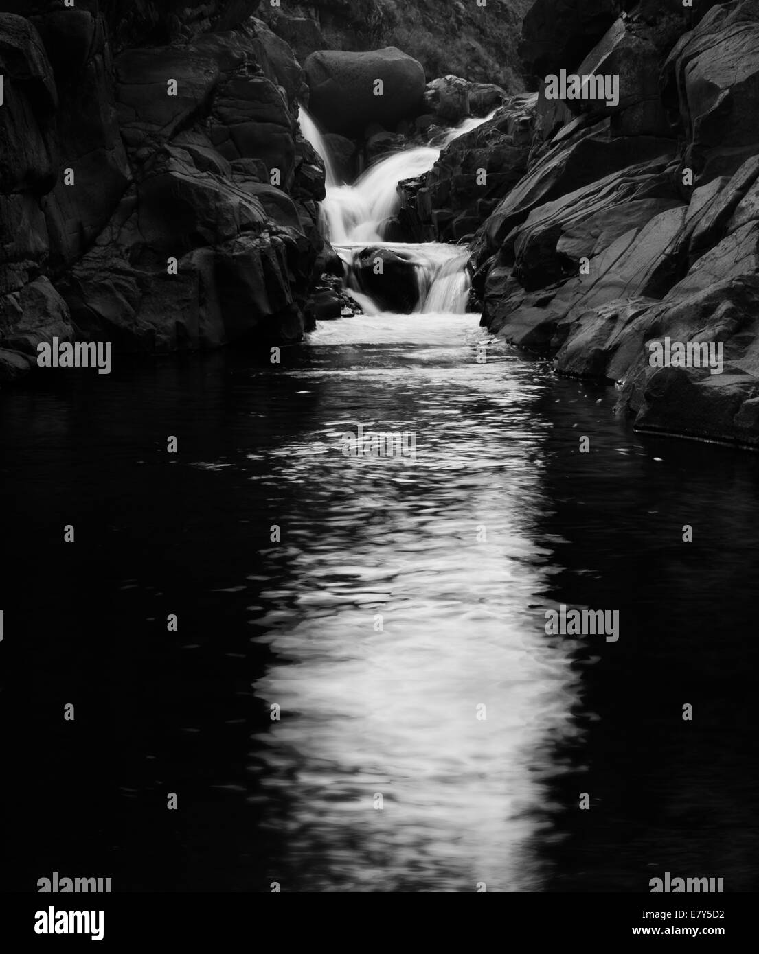 Black and white river waterfall at Lotheni, KwaZulu-Natal in the South ...