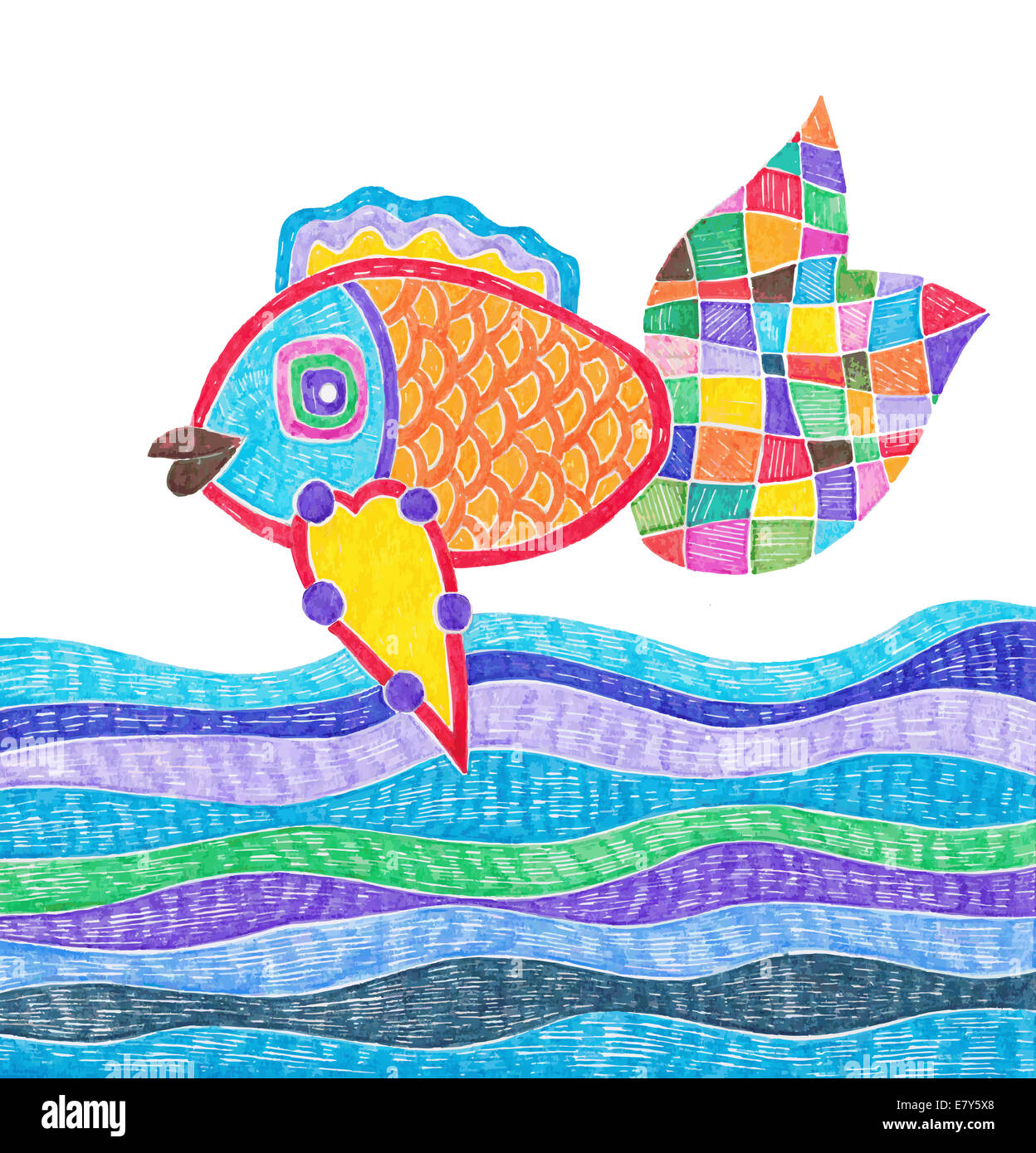 doodle marker drawing of fish and water Stock Photo - Alamy