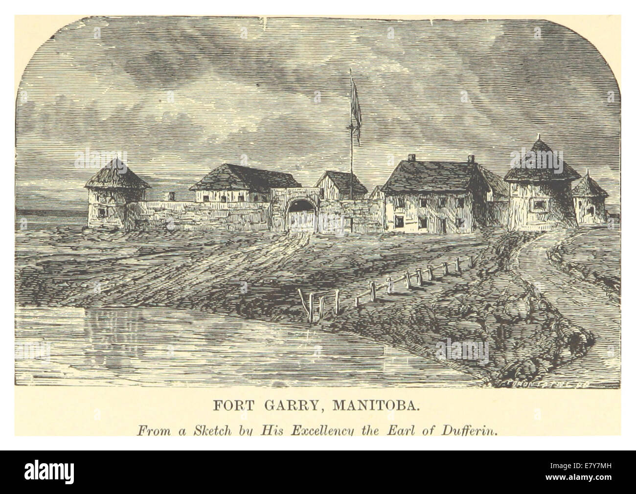 This 1881 illustration by Dent depicts Fort Garry, a historic site in ...