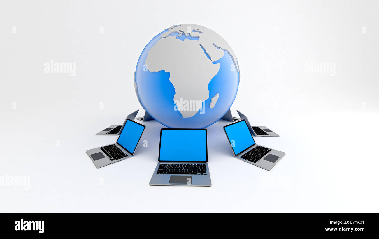 3D render of Laptops around globe on white background. Global network ...