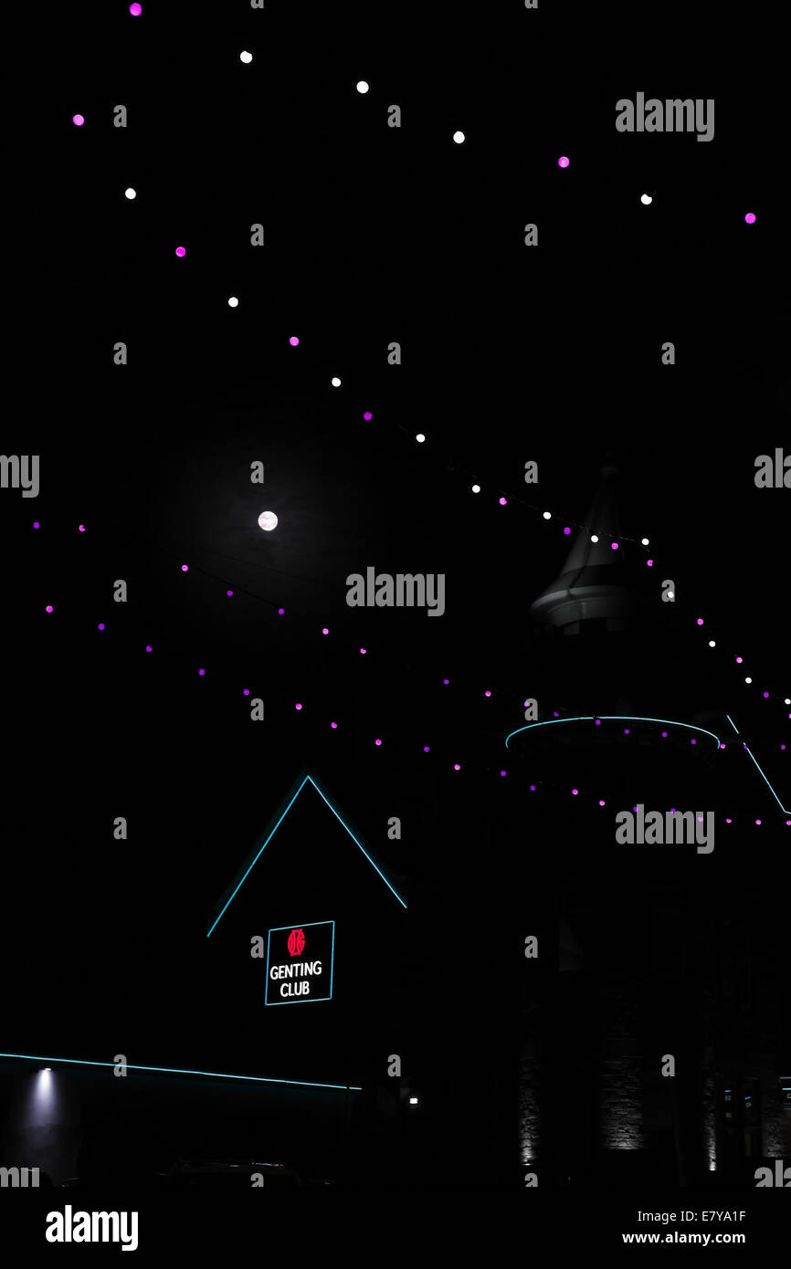 Portrait coloured electric light bulbs in night sky towards full moon ...