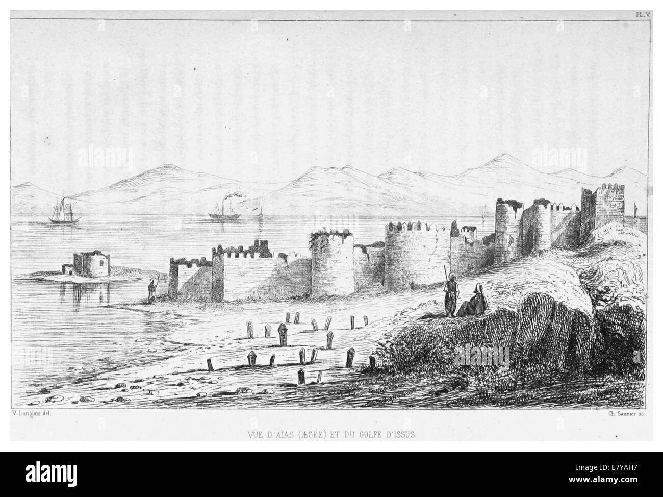 This 1861 illustration by Langlois depicts a view of Ayas and the Gulf ...