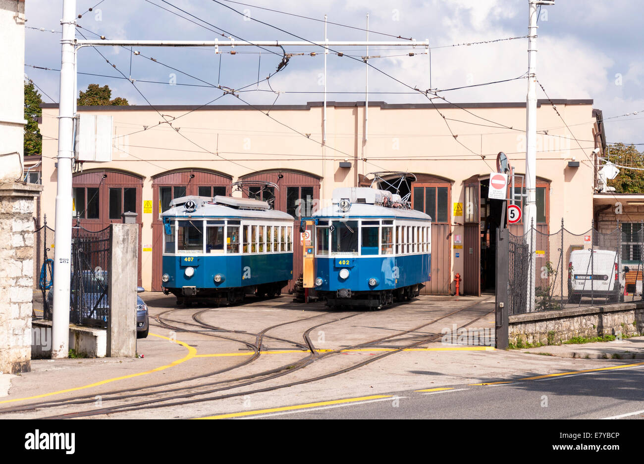 Tram terminus at Opicina. Trieste–Opicina tramway is an unusual hybrid ...