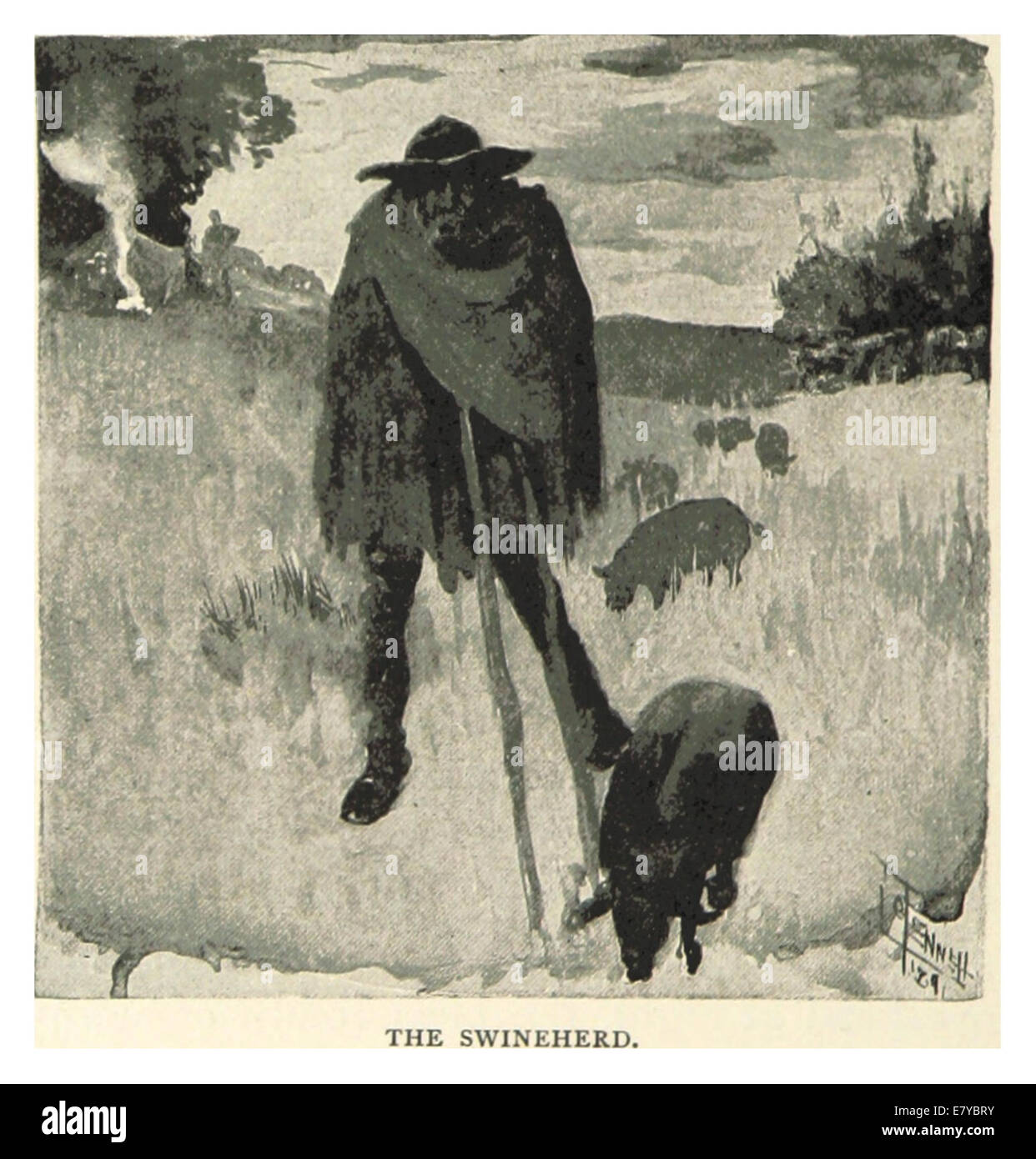 An 1893 illustration by Pennell depicting 'The Swineherd,' a scene ...