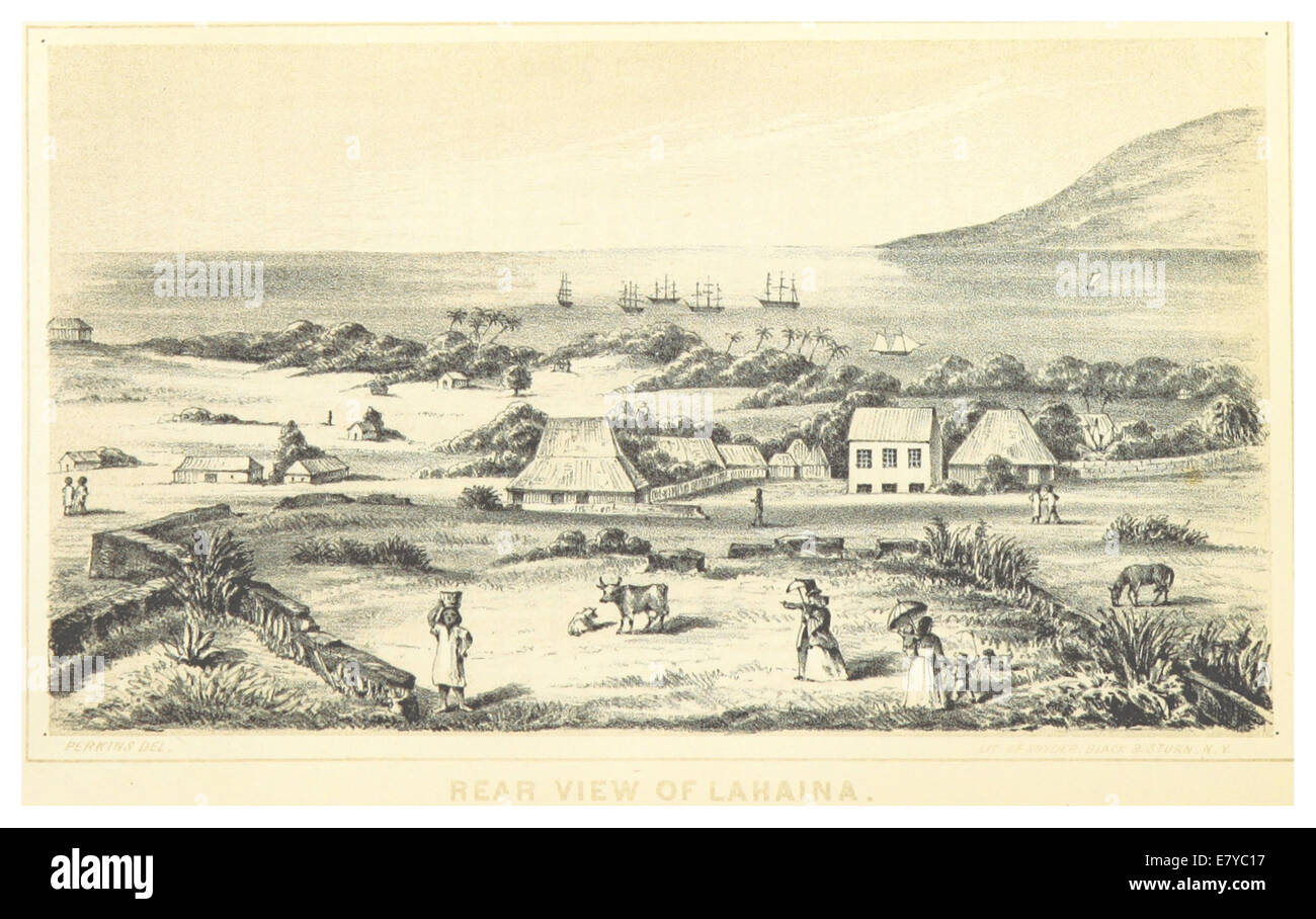 This 1854 illustration by Perkins shows a rear view of Lahaina, a town ...