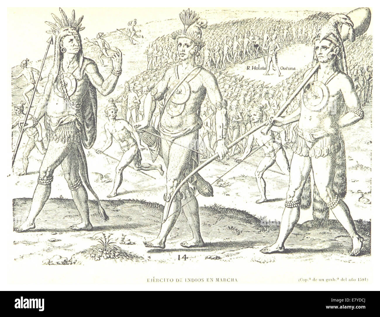 An 1893 illustration by Ruidiaz showing an indigenous army on the march ...