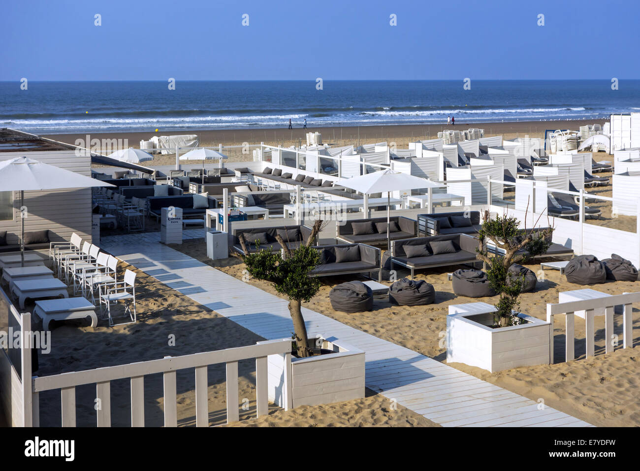 Empty beach lounge bar along the North Sea coast at seaside resort on a ...