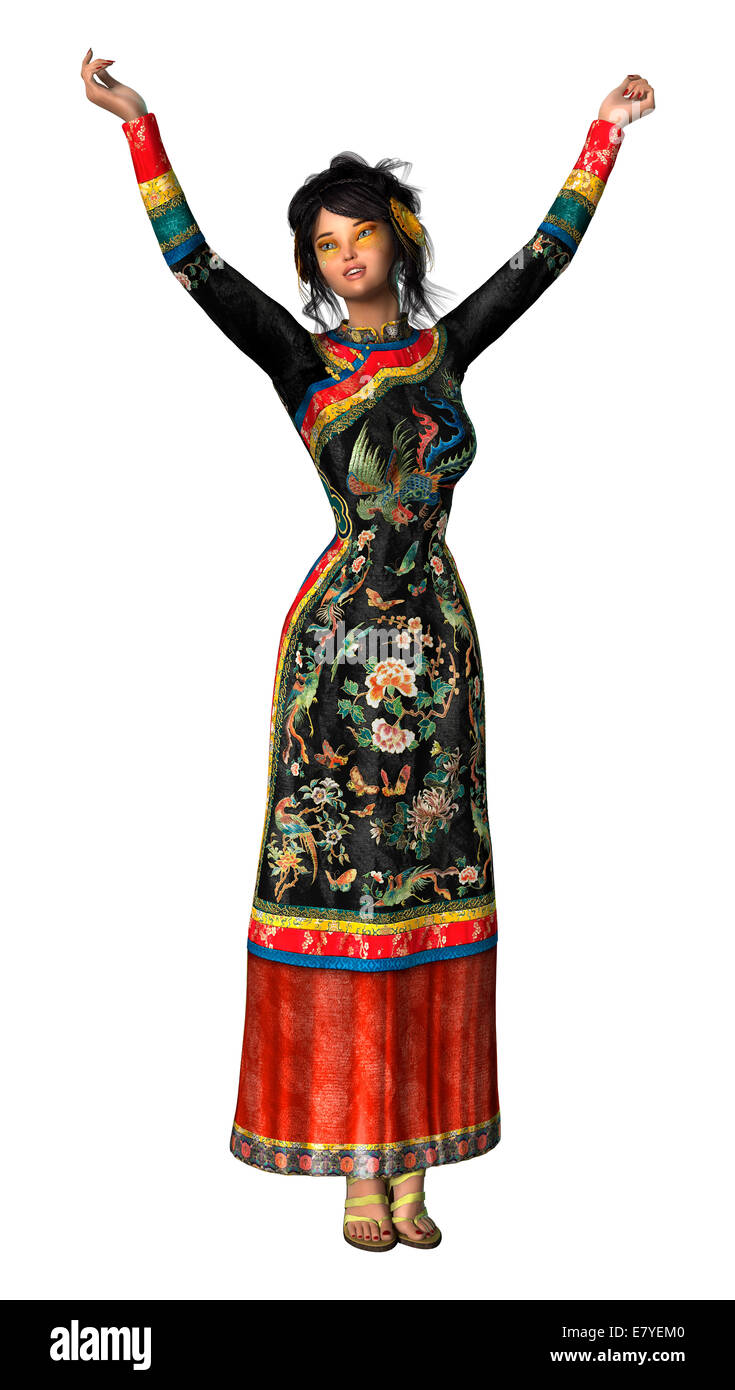 3D digital render of a beautiful smiling princess of China isolated on ...