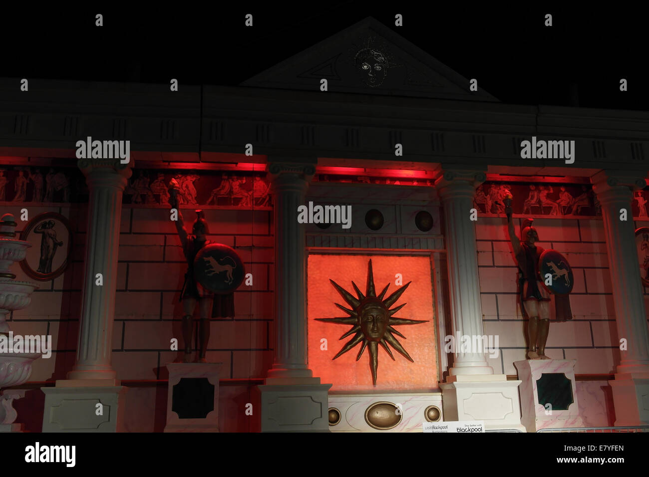 Night view red lights illuminated 'Fire and Water' Roman Temple Tableau ...