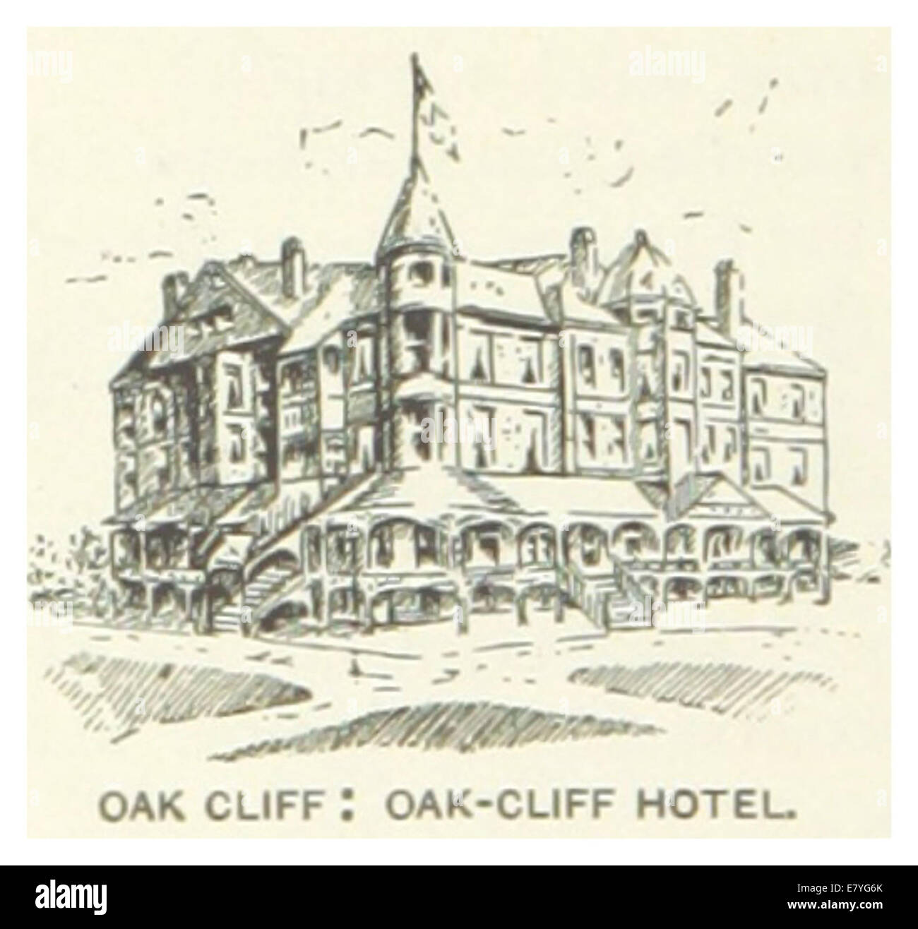 This 1891 illustration depicts Oak Cliff, Texas, showcasing a hotel ...