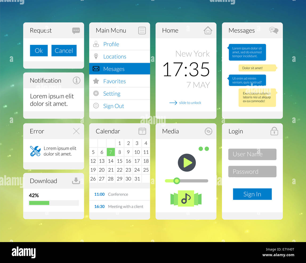 Mobile flat interface elements with colorful wallpaper, design for ...