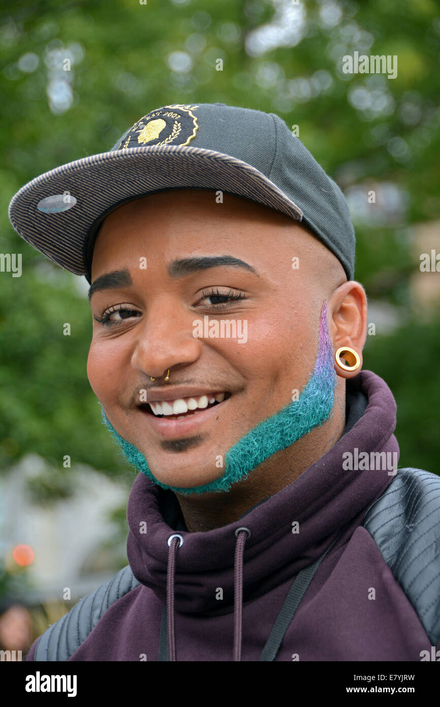 Portrait of a bowtie designer with a colorful beard in Union Square ...