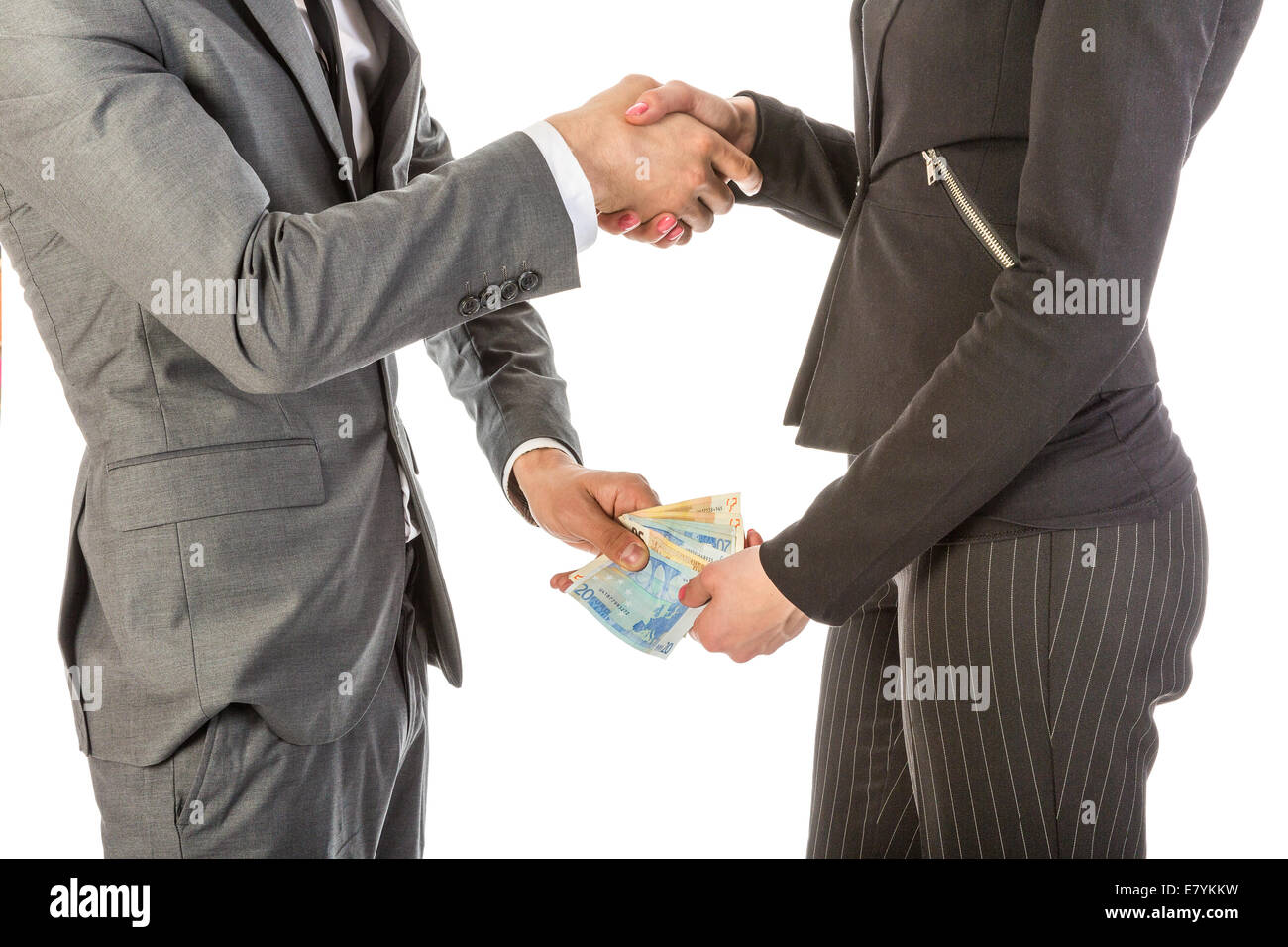 Man gives woman money while shaking hands over a white background Stock ...